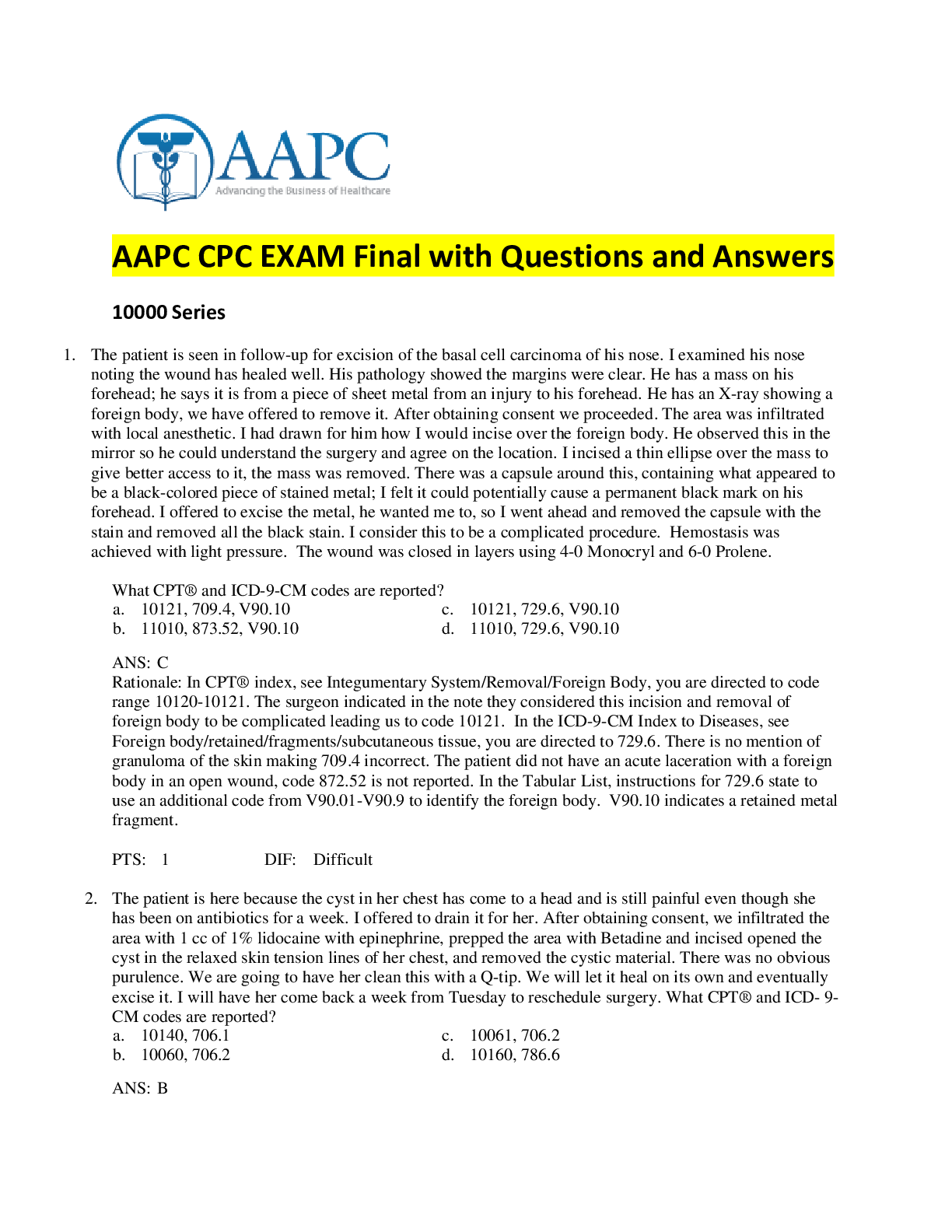 AAPC CPC EXAM Final with Questions and Answers - Scholarfriends